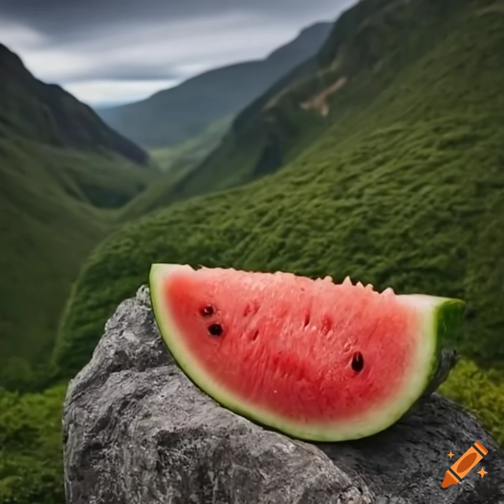 Watermelon standing on a rock with valley all around it on Craiyon
