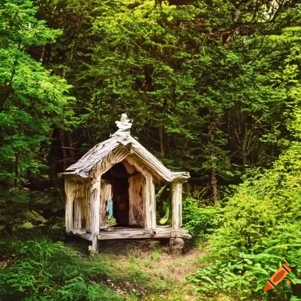 Small wood shrine surrounded by bushes in a sunny forest