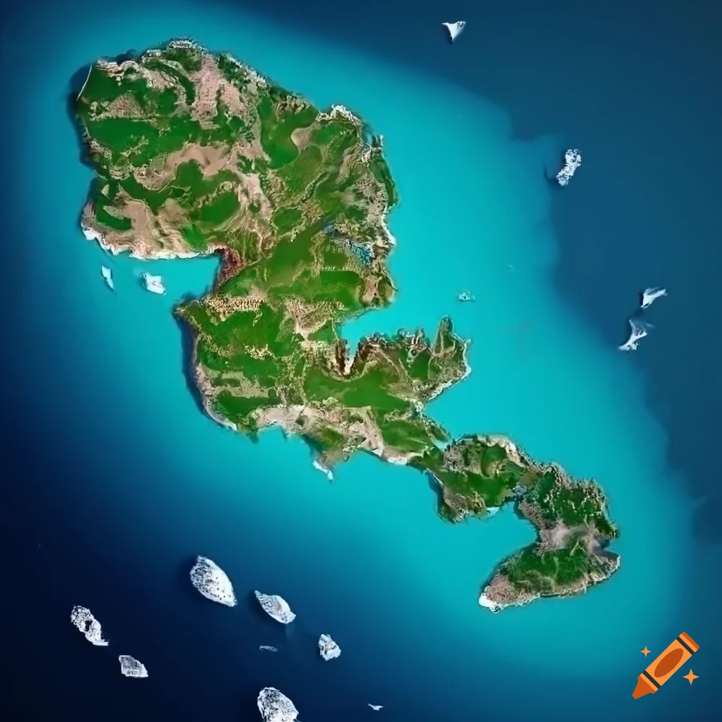 Generate me the map of an island of 1000 meters by 1000 meters seen ...