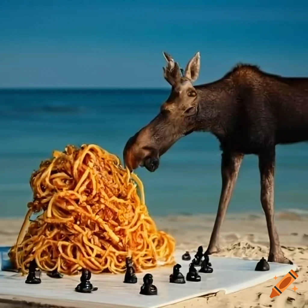 A moose playing chess on a tropical beach with a bowl of spaghetti and ...