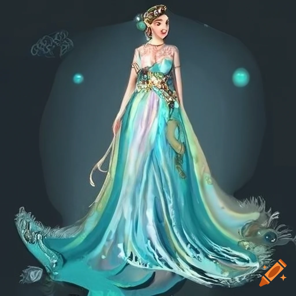 Light colored pearlescent dolphin themed queen dress, long flowing ...