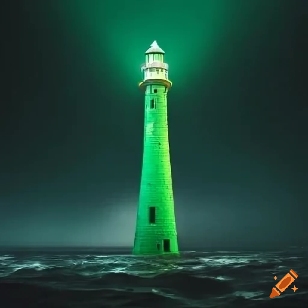 A mesmerizing green lighthouse casting a green light into the darkness ...