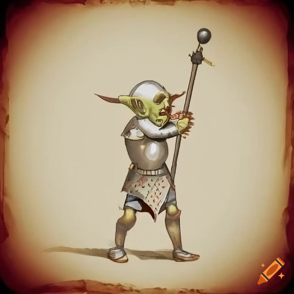 Military goblin in armor with a magic staff medieval drawing on Craiyon