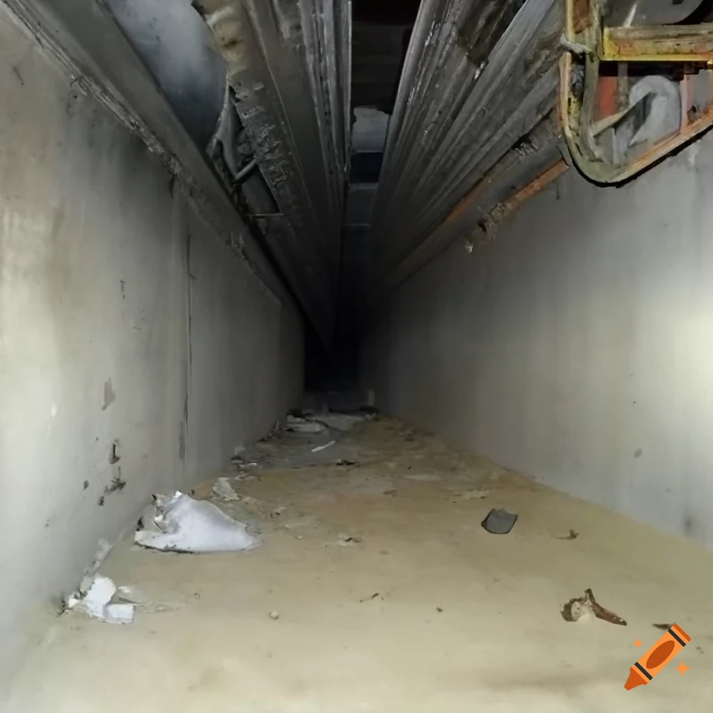 A building cosisting of long, dim concrete maintenance hallways with ...