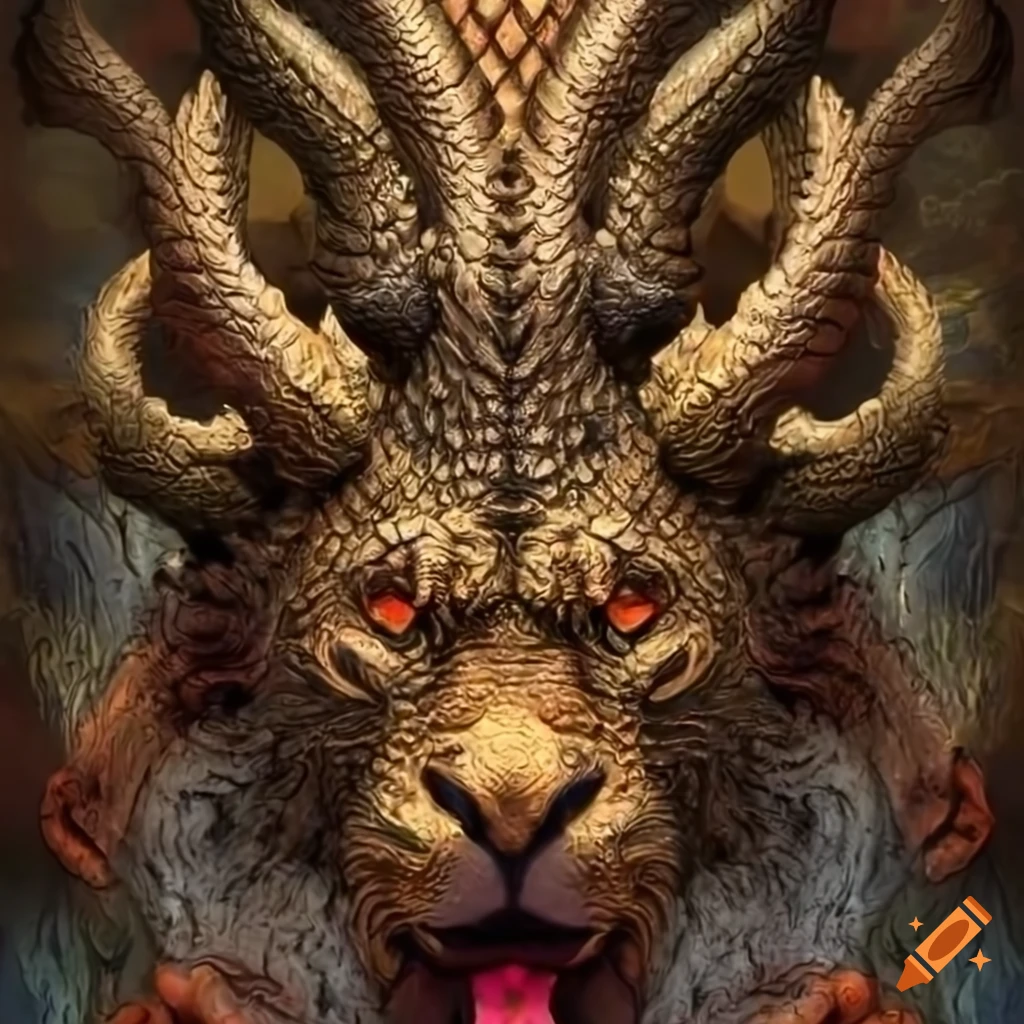 Majestic ancient lion dragon with long baboon face, reptilian details ...