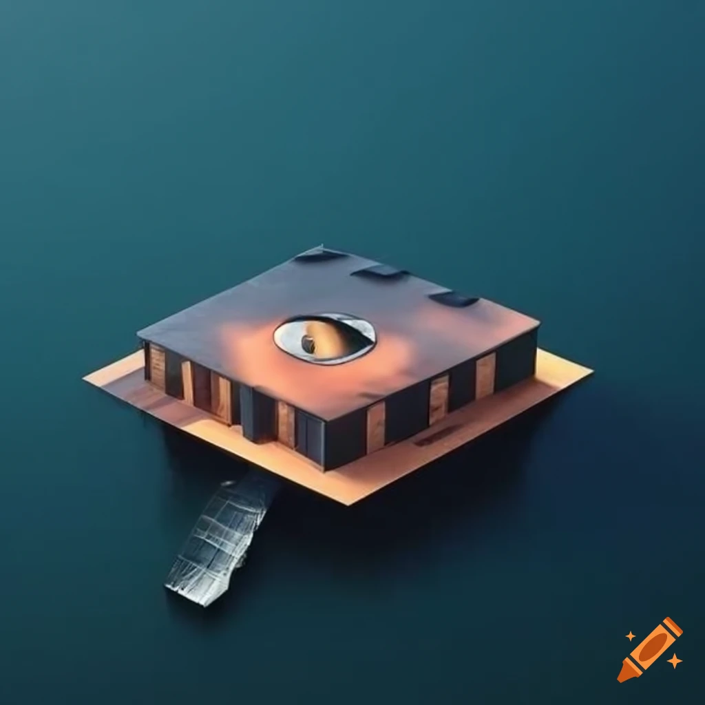 Contemporary floating theater inspired by coal chunks on the water, displaying a minimal yet ...