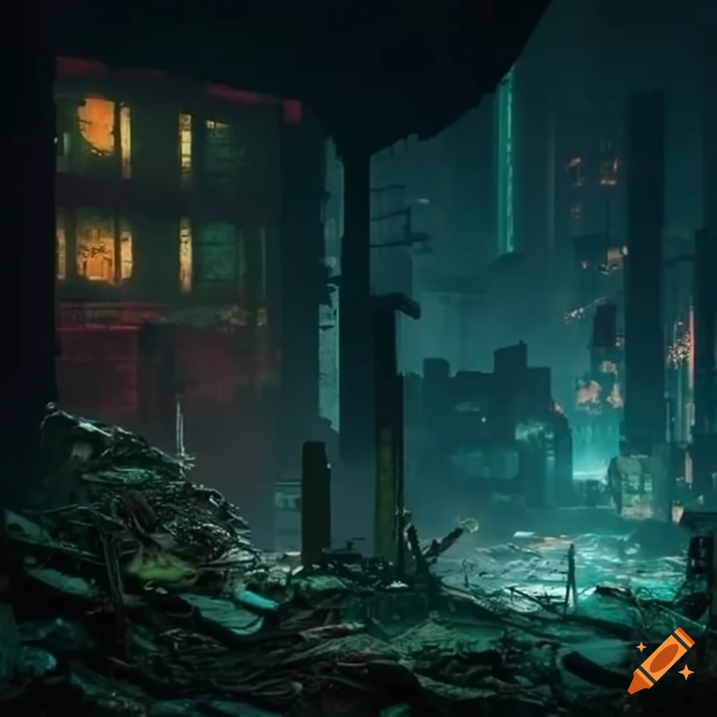 Underground ruins of a cyberpunk city covered in dead plants with ...