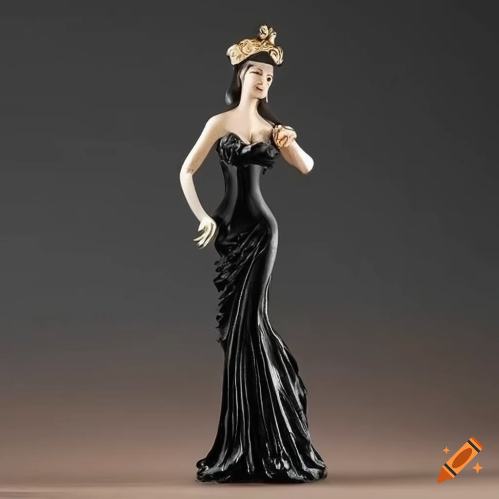 Elegant black resin statue wearing a golden dress
