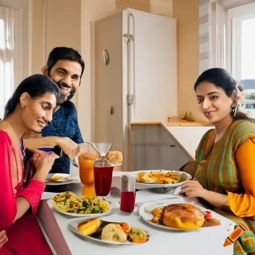 Two men and two women enjoying an indian dinner in a warm and cosy kitchen