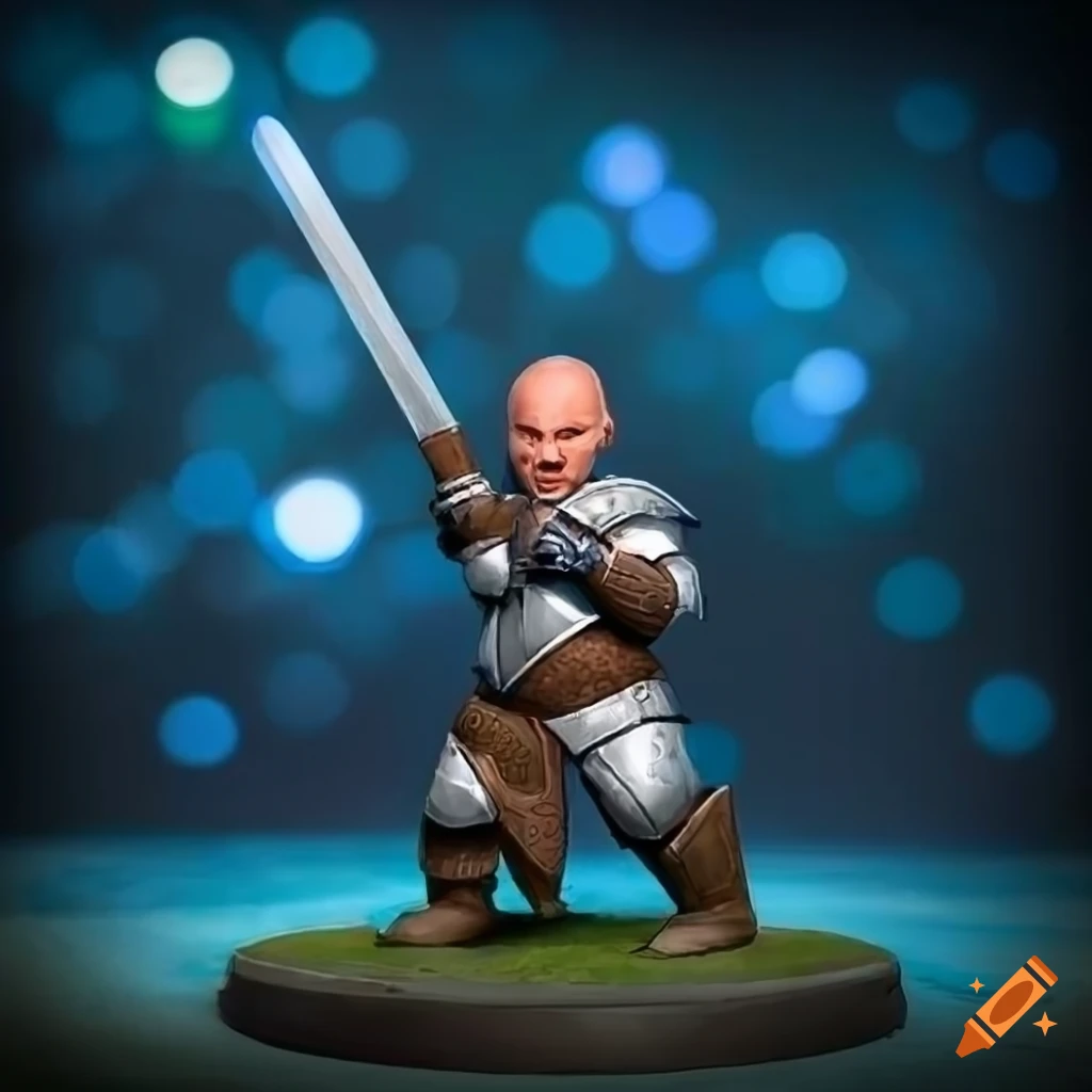 Bald, middle aged, chubby, rpg paladin with big sword