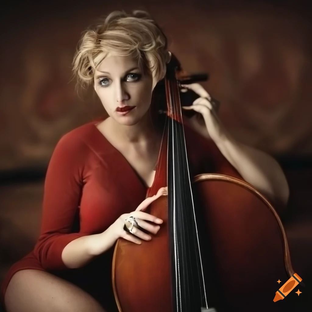 Jamie Colby, playing a cello, boudoir glamour portrait on Craiyon