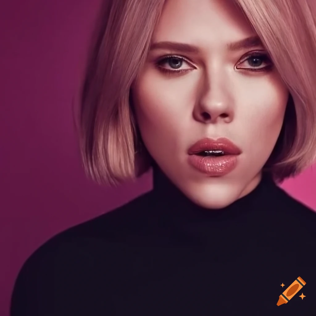 Scarlett johansson with a straight bob haircut, black sleeveless turtleneck, pink background on ...