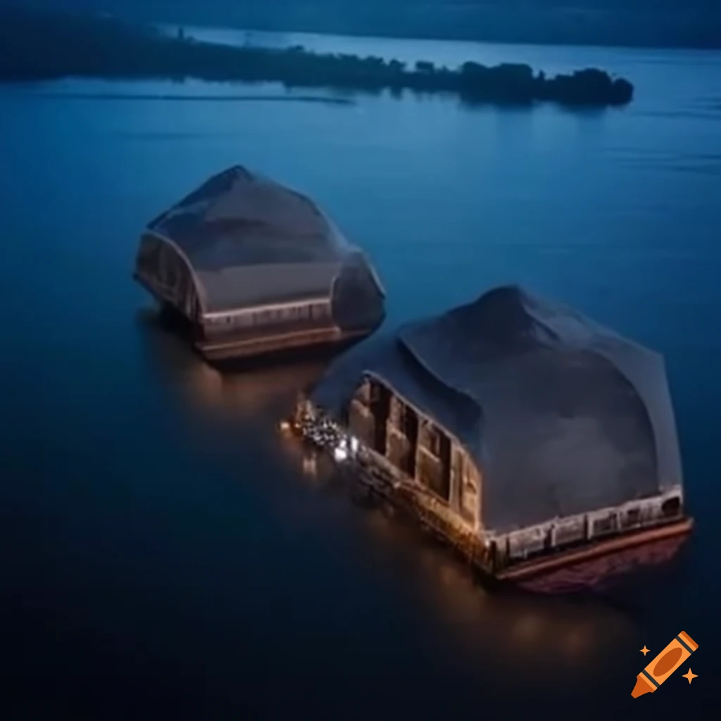 Unique floating theater resembling coal chunks on water