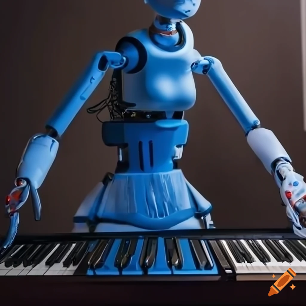 A blue female robotic musician playing piano in a music studio