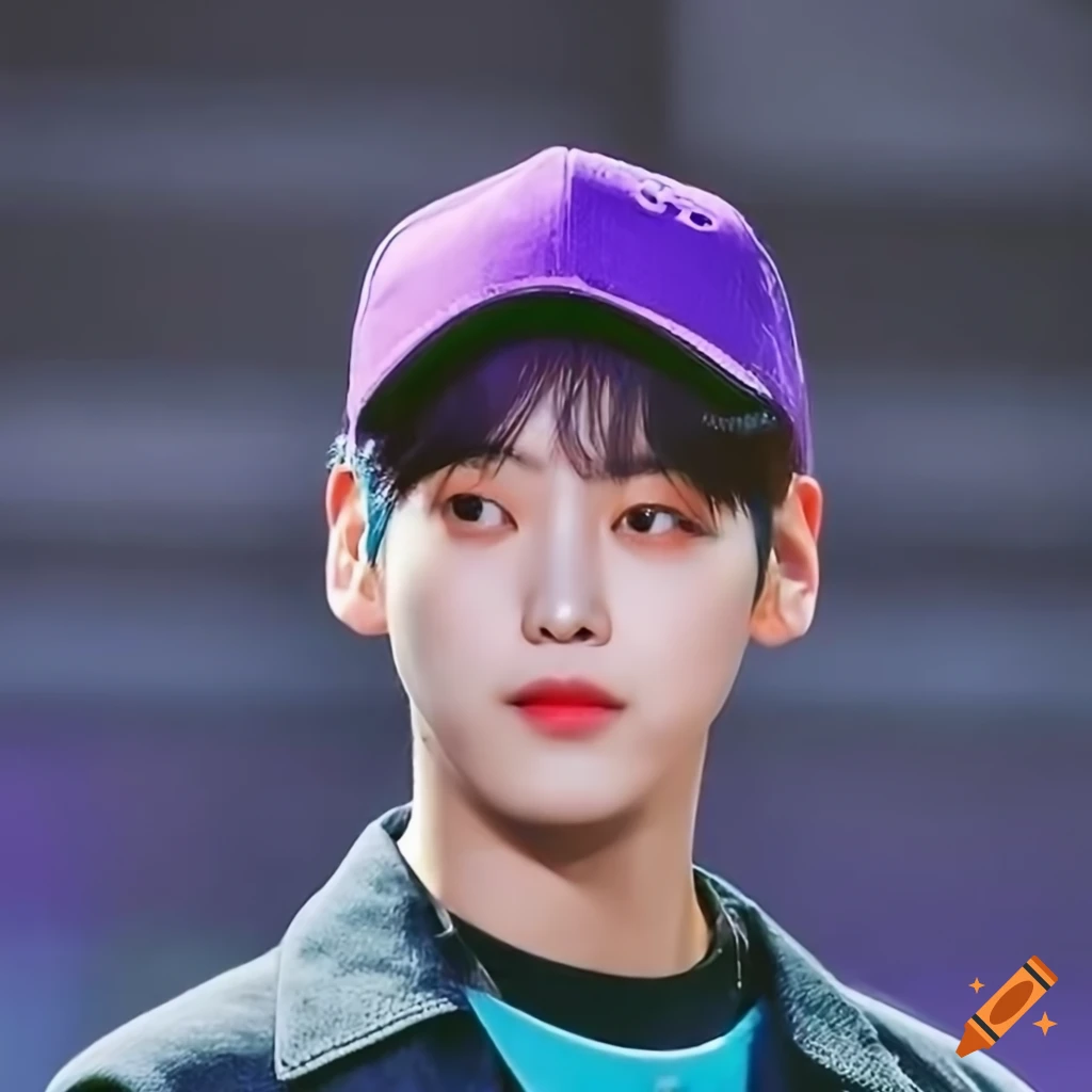 Soobin a member from TOMORROW X TOGETHER, wearing a purple baseball cap ...