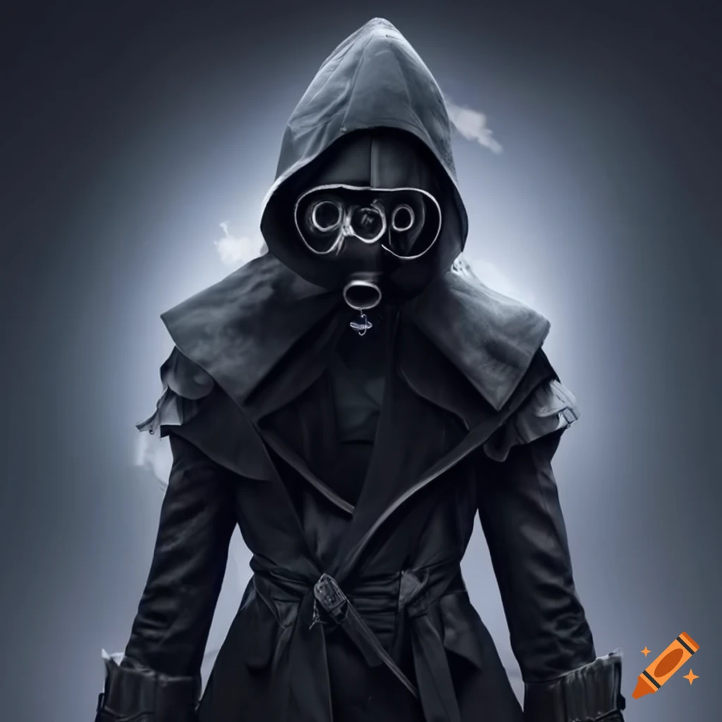 Black and white ethereal trench coat on a character with a gas mask on ...