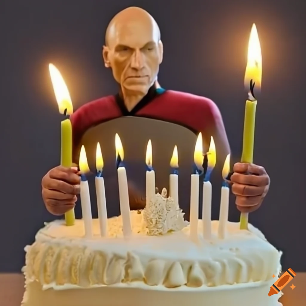 Jean luc picard birthday cake with candles on Craiyon