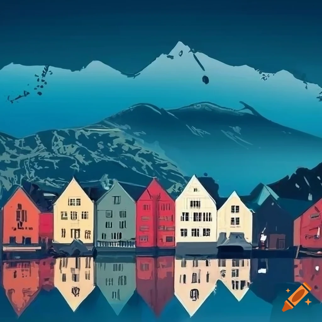 Design illustration of bergen city in norway , include this: raindrops ...