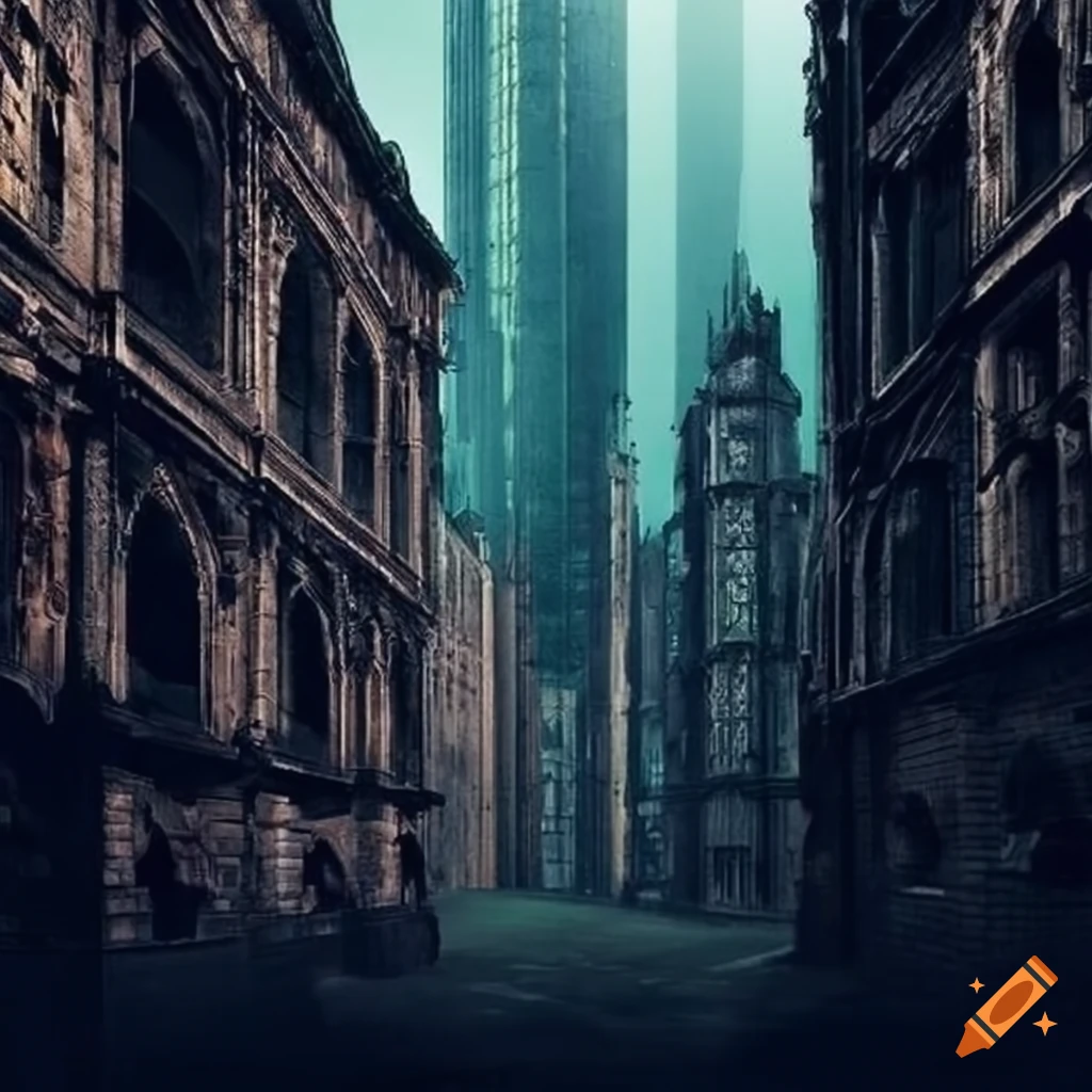 Gothic city street ruin lots of skyscrapers on Craiyon