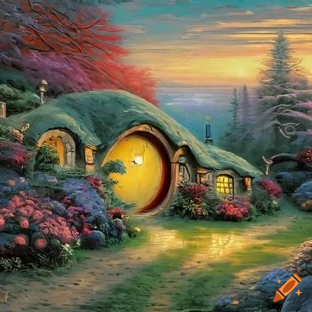 Hobbit holes, Hobbiton, the Shire, dusk. Glowing lights in the windows ...