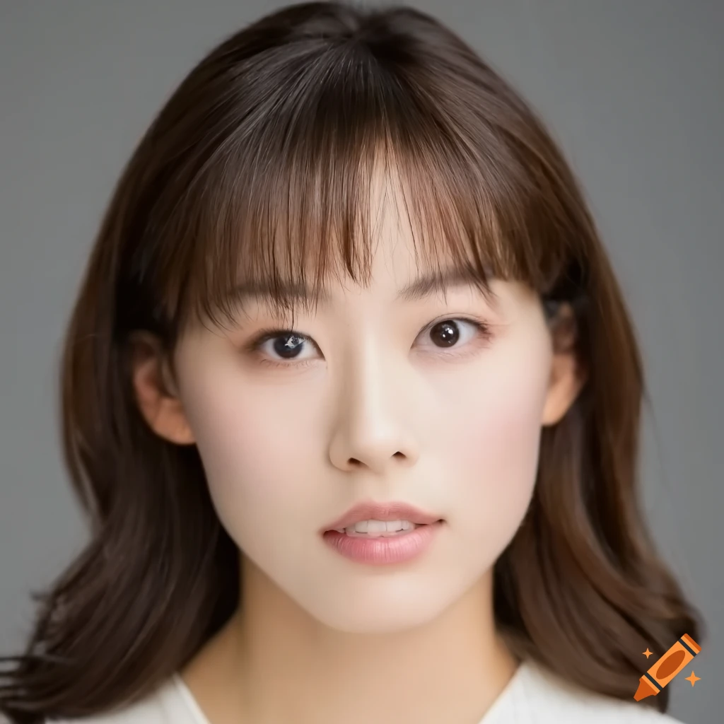A photo portrait of a Japanese actress, soft neutral expression, long ...