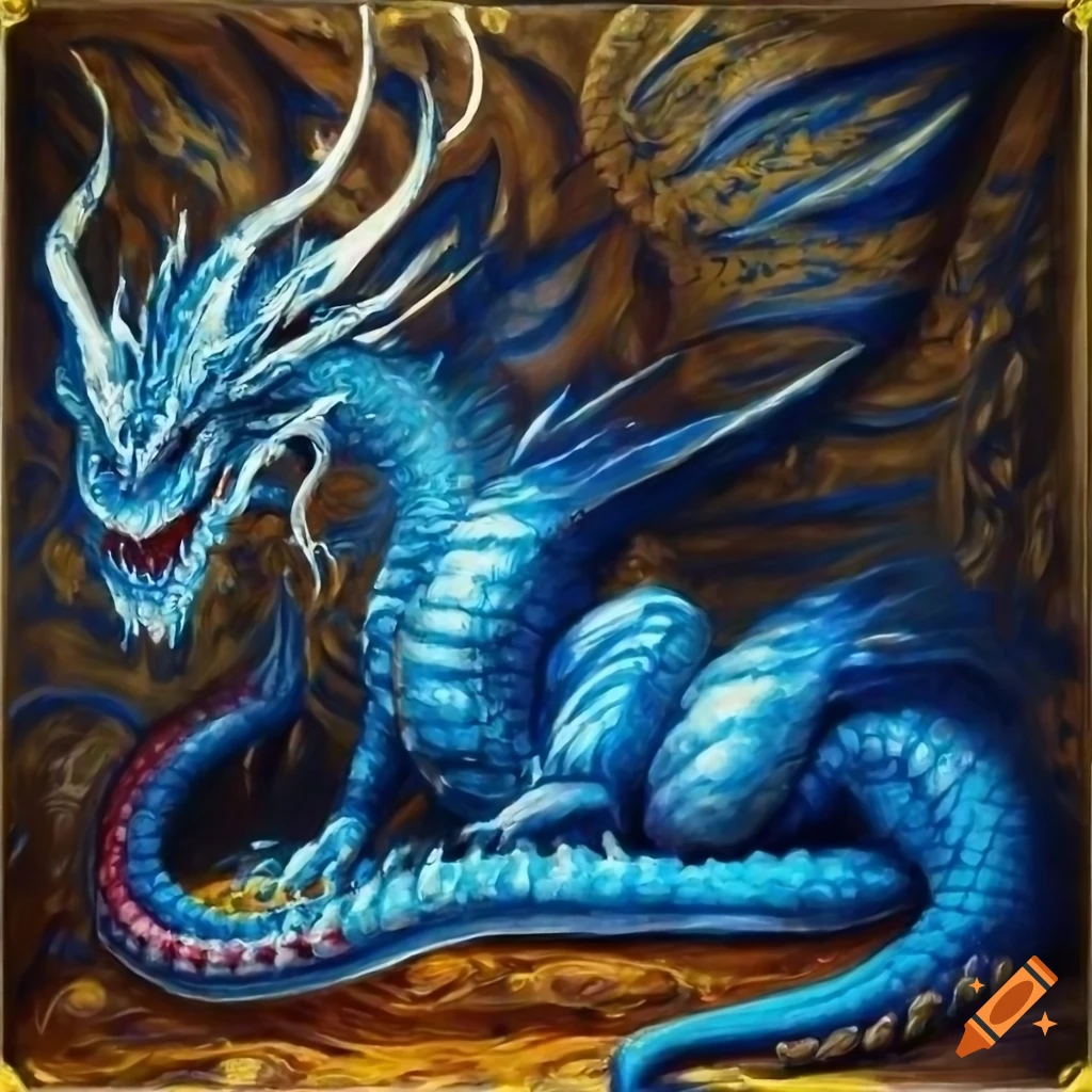 A fierce blue dragon lounging in an elegant hall filled with piles of ...