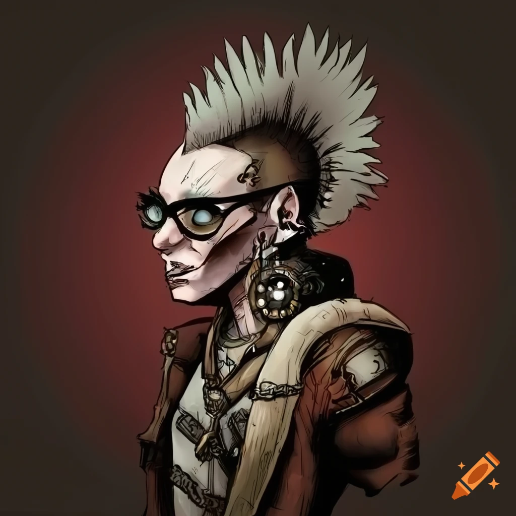 Punk with mohawk, wearing steampunk outfit, drawn in dark comic-book ...
