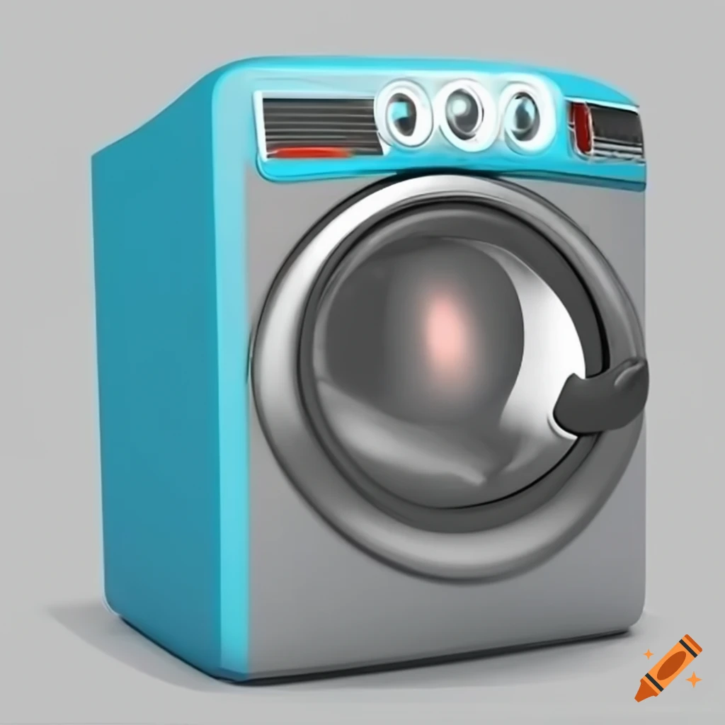 A cheerful 3d cartoon washing machine on a white background