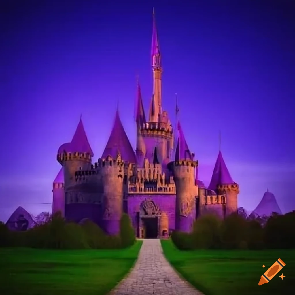 A street view of a purple castle from the front