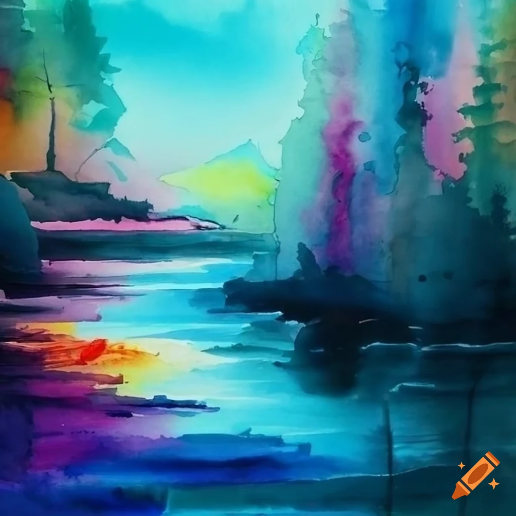 Abstract watercolor paintings of fantastical landscapes on Craiyon