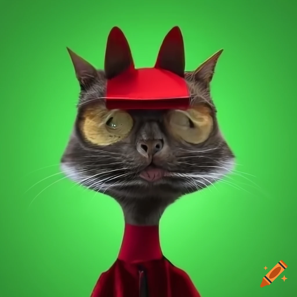 Close up cat wearing a red suit avatar green backround