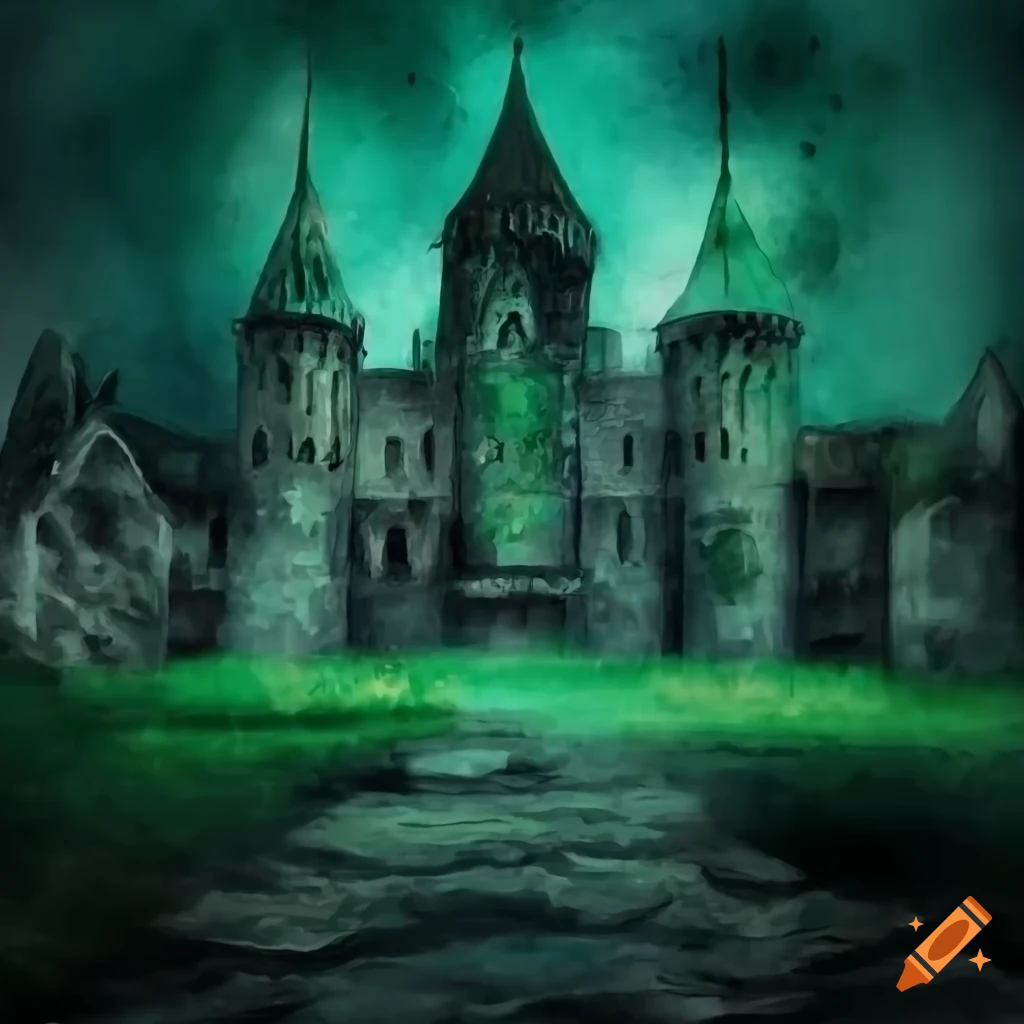 Watercolor inside a dark gloomy foggy abandoned castle made of grey and ...