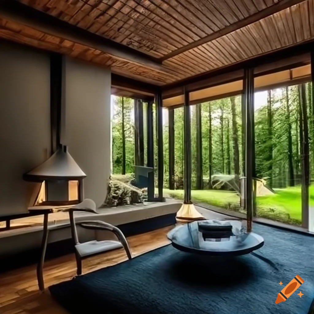 A super realistic luxurious house in a forest. view from the inside