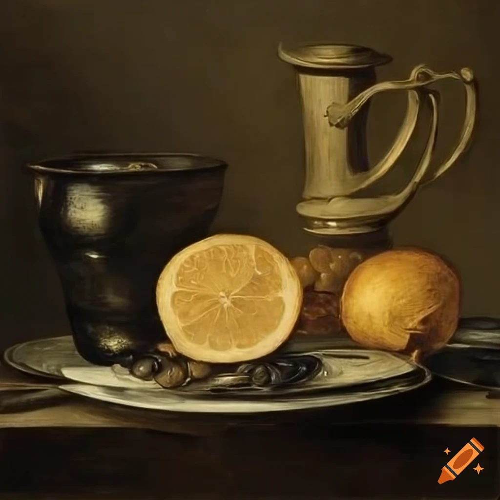 A simple still life containing lemons, grapes and bread in the style of ...