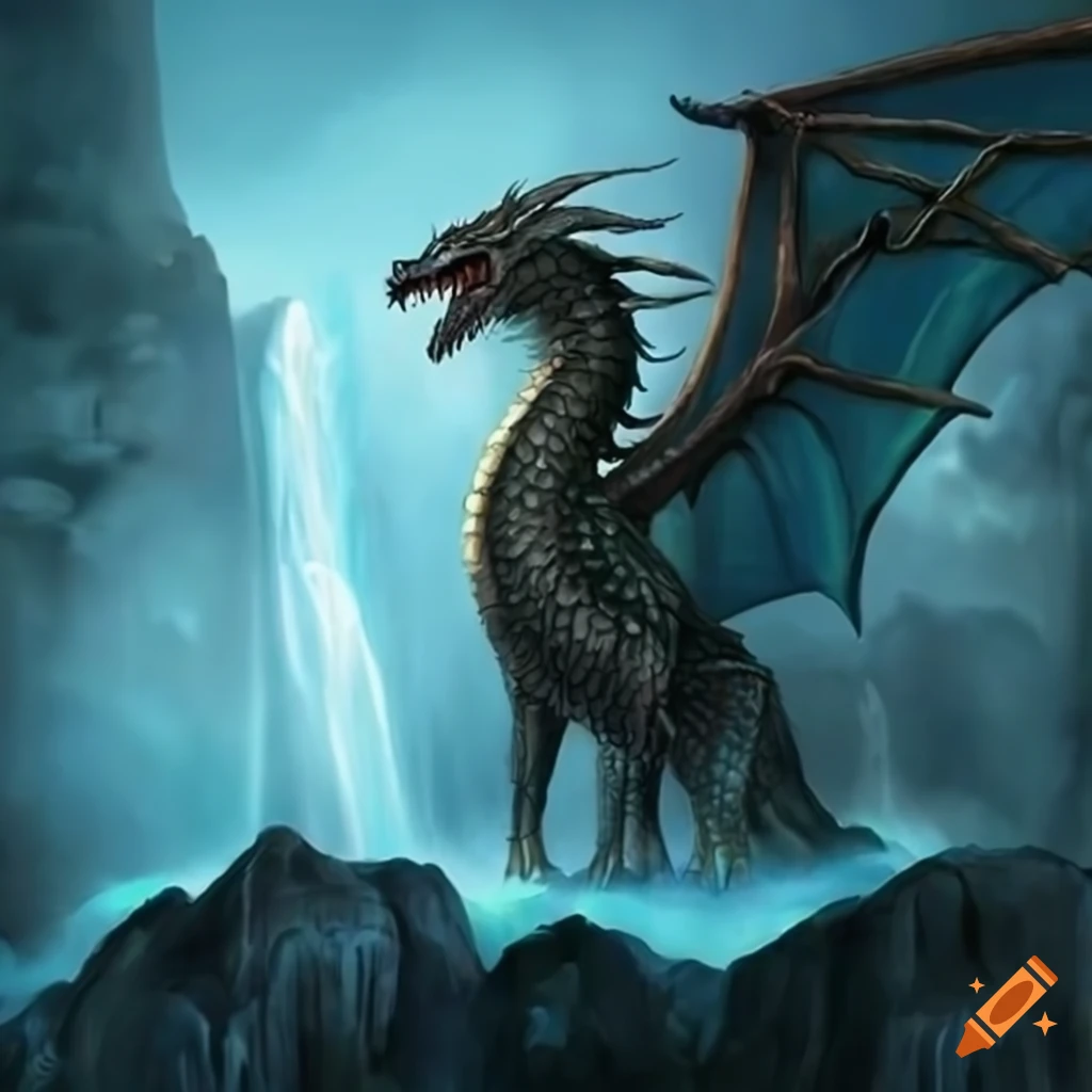Fantasy, detailed, dragon standing over a waterfall
