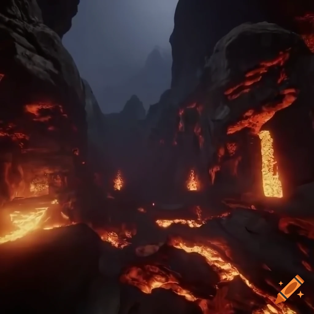 Unreal engine 5 aerial view of great cave with subterranean city and dark castle-palace on rock ...