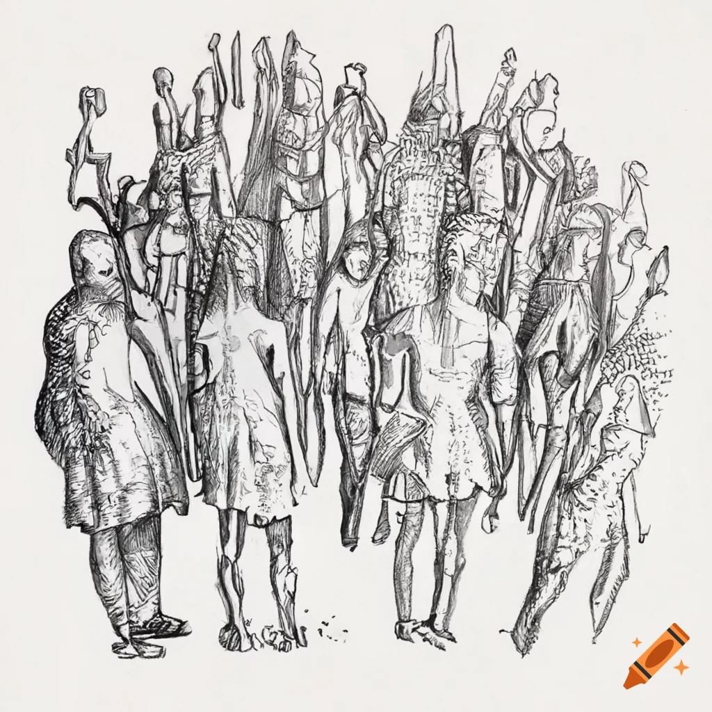 Pencil sketch of multiple intricate people in the style of lynd ward