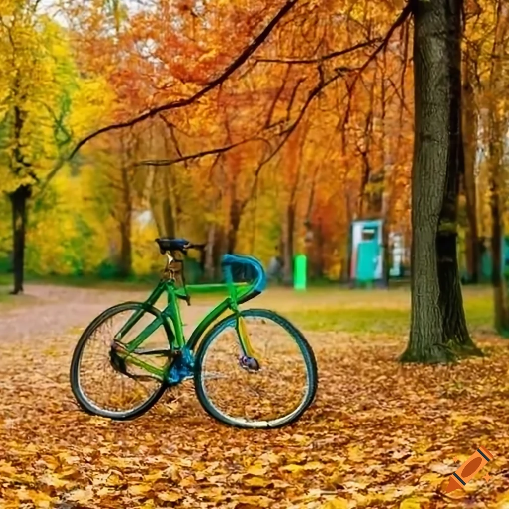 Multicoloured sport bicycle hanged to the tree in the autumn park. sky ...