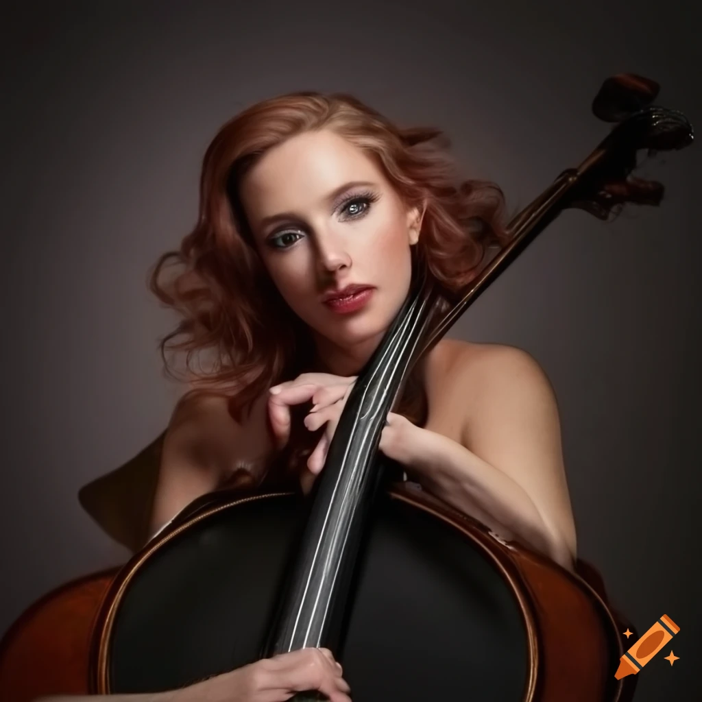 Jamie colby, closeup face, playing a cello, boudoir glamour portrait