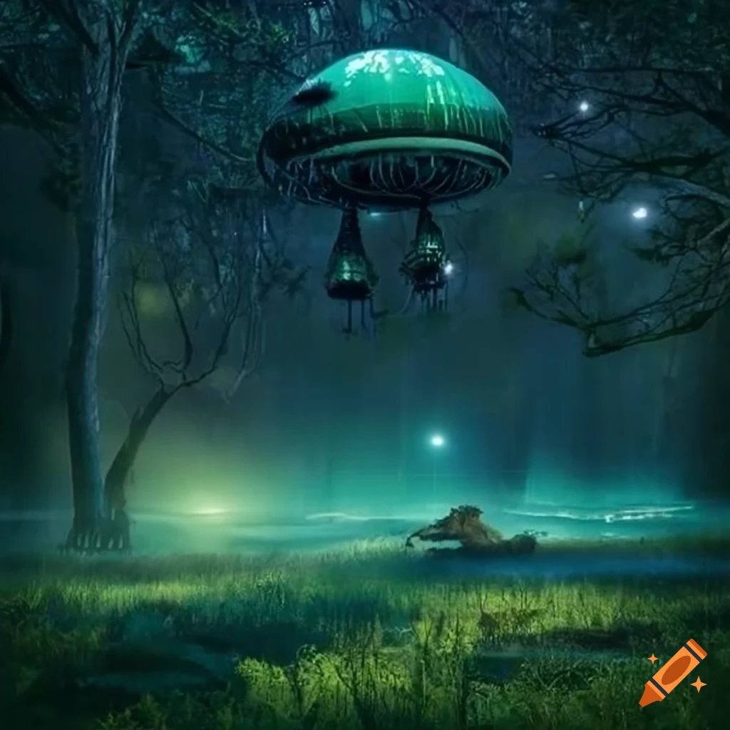 Steampunk mushroom ufo, futuristic forest night backdrop on Craiyon