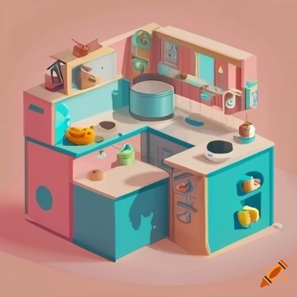 Isometric cozy kitchen with cats and pastels