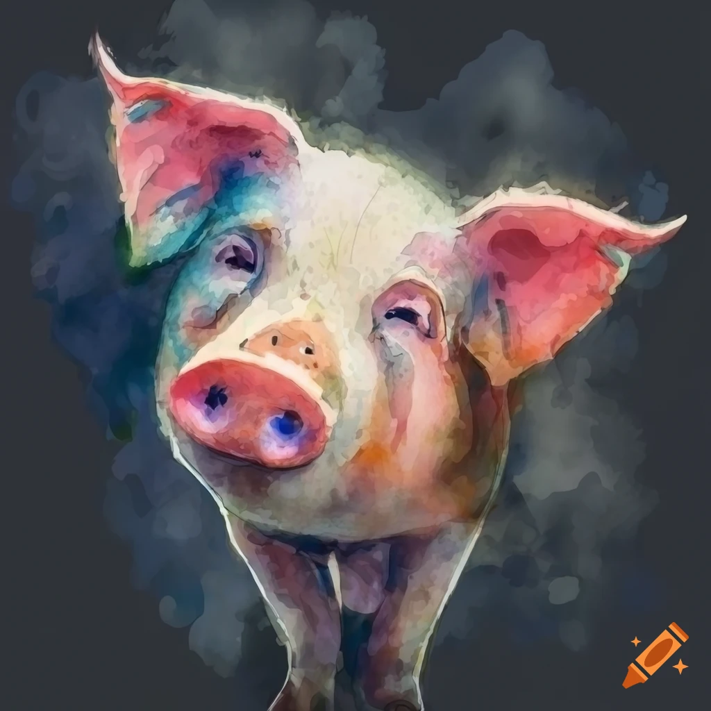 Artistic watercolor of pigs on a regenerative farm. dark background