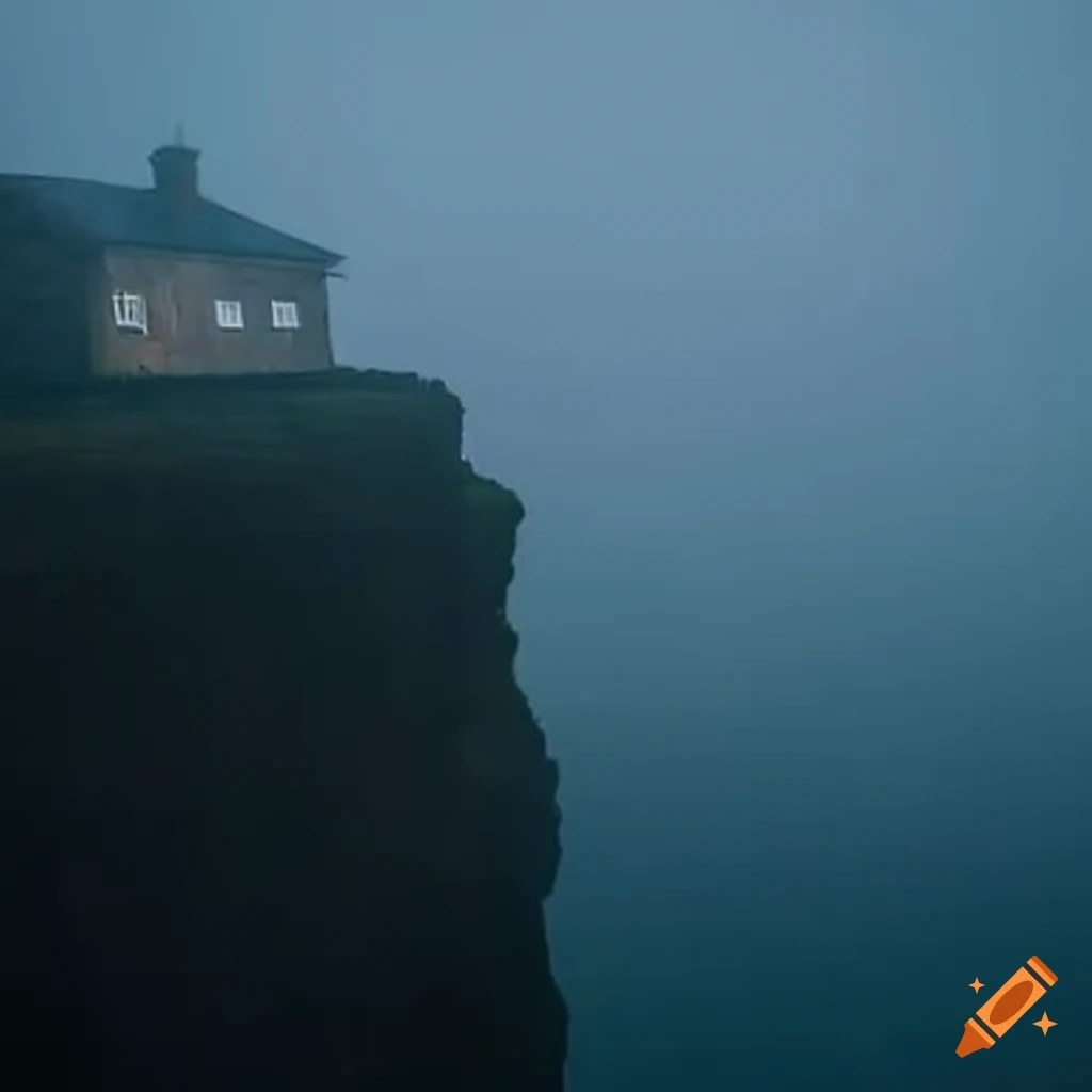 Mysterious fog on a big house in front of cliff