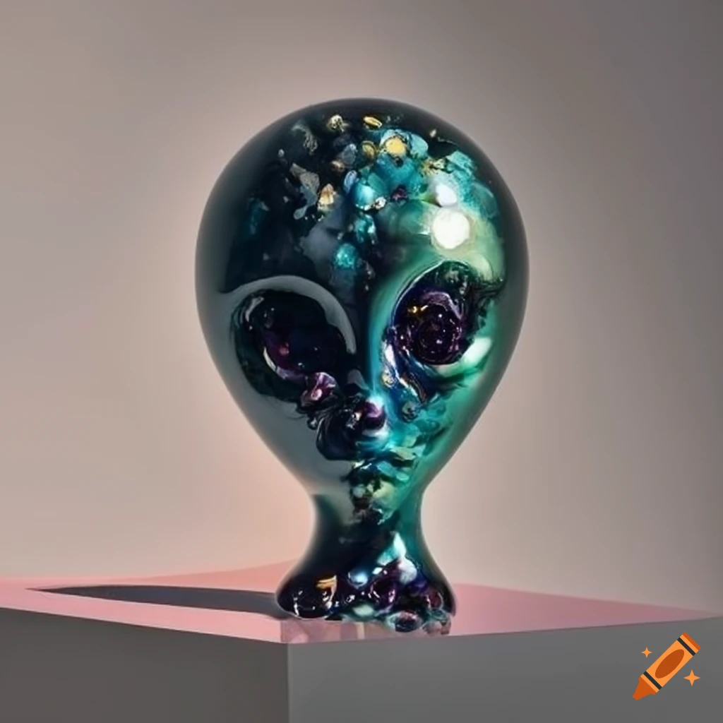 Glossy marble alien surrounded by exotic flowers, black pearls, rubies ...