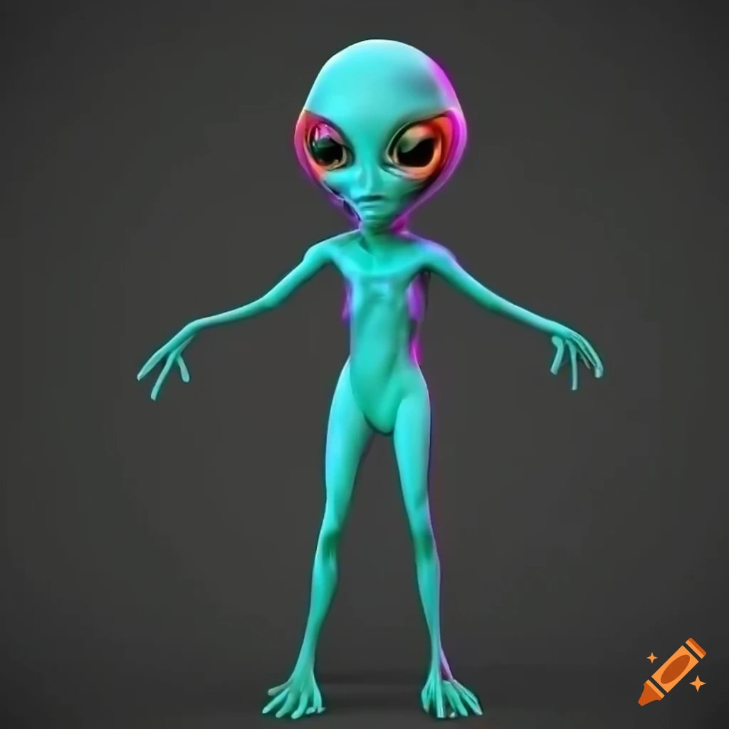 Colorful 3d render of a friendly alien in a dynamic pose on Craiyon