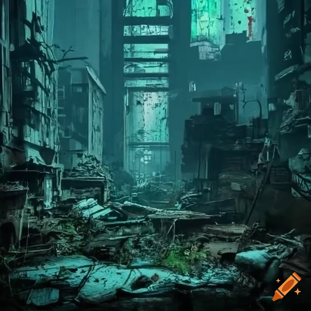 Underground ruins of a cyberpunk city covered in dead plants on Craiyon