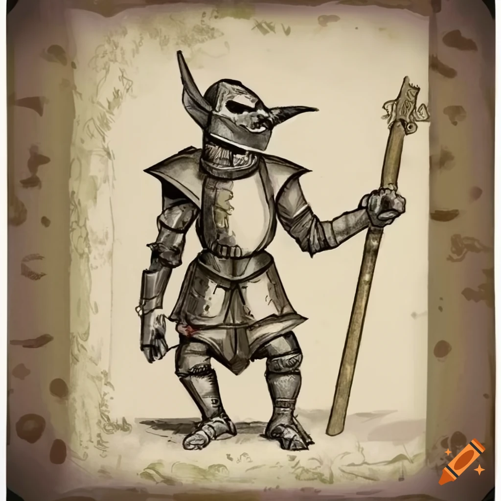 Military goblin in armor with a magic staff medieval drawing on Craiyon