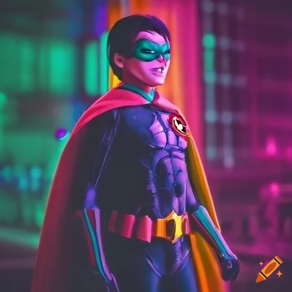 Robin superhero in cyberpunk neon style on Craiyon