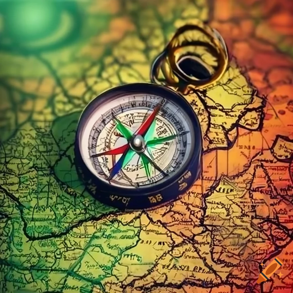 Magic orienteering compass on map of forrest