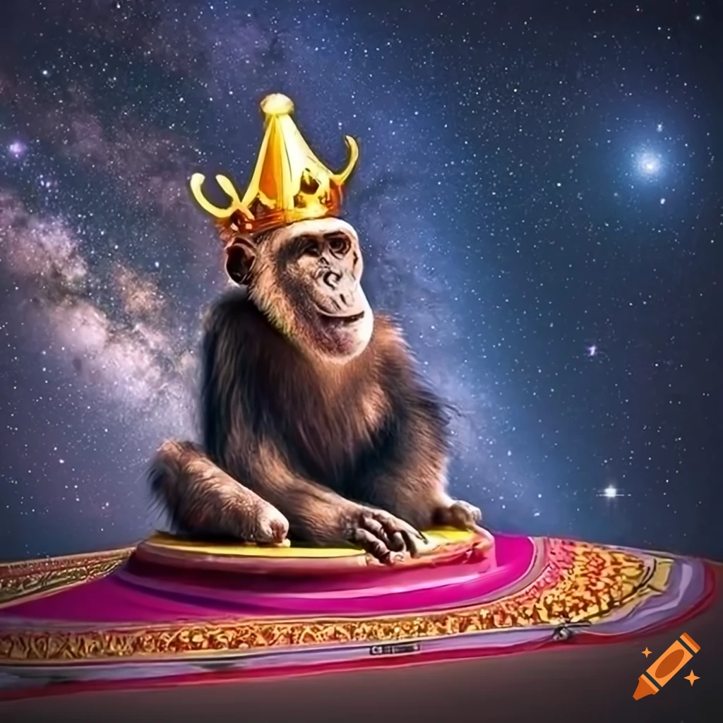Wide Angle Realistic Image Of Chimpanzee Wearing Golden Crown Riding Magic Carpet Ride Powered ...
